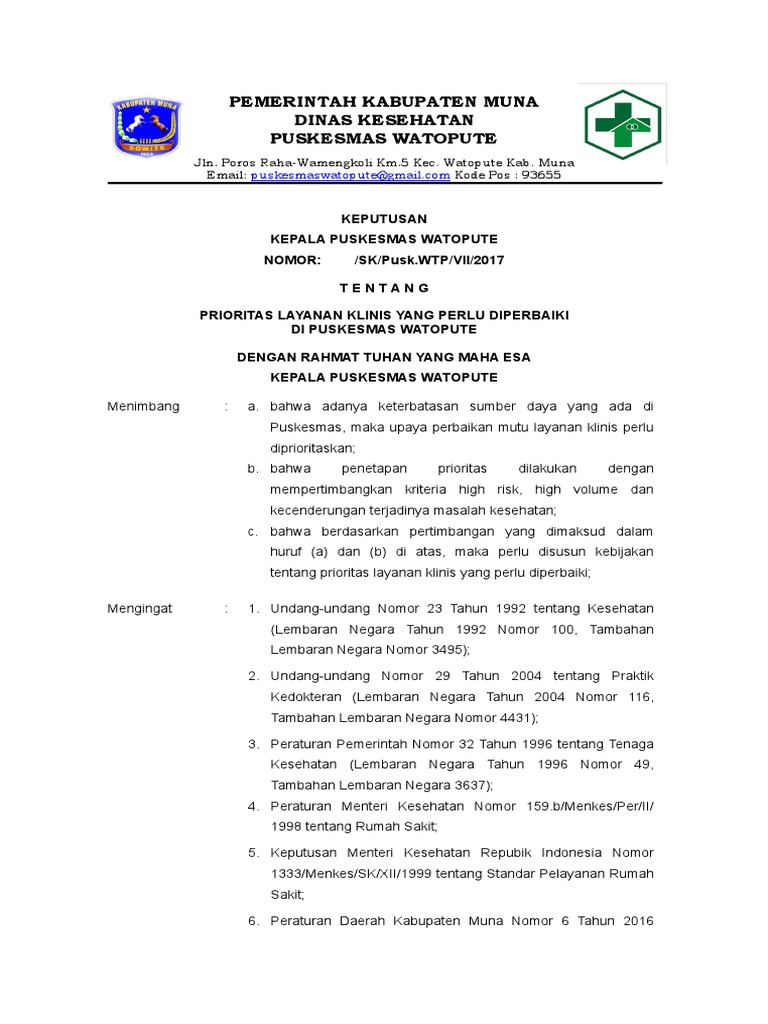 9.2.1.1.a SK Penetapan Area Prioritas Pelayanan KLinis | PDF | Pengembangan Diri | Kesehatan ...