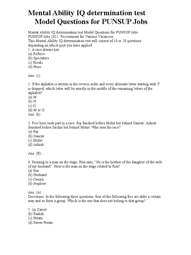 Mental Ability IQ Determination Test Model Questions For PUNSUP Jobs ...