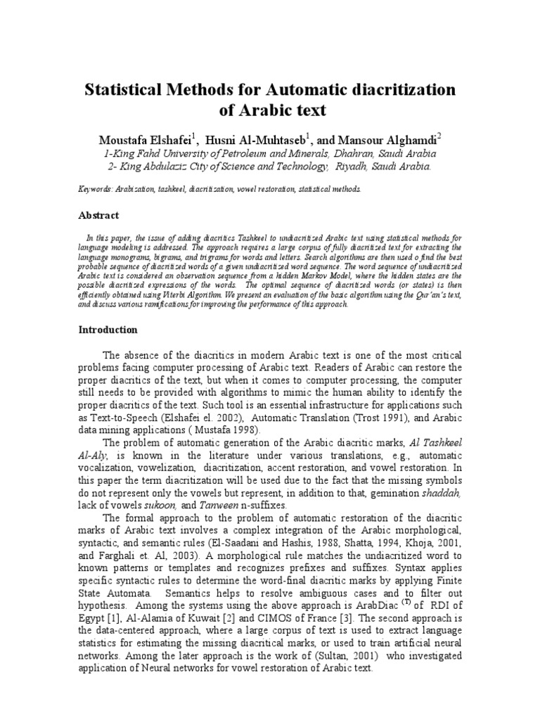 Statistical Methods For Automatic Diacritization of Arabic Text ...