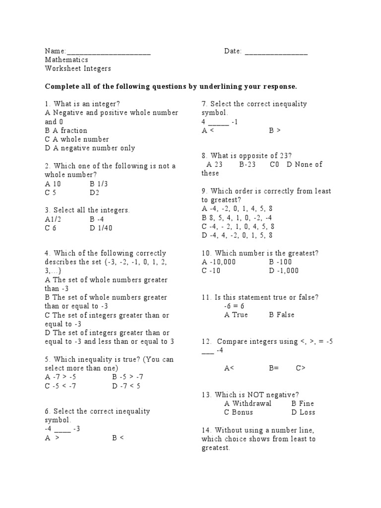 Integers Worksheets | PDF | Numbers | Integer