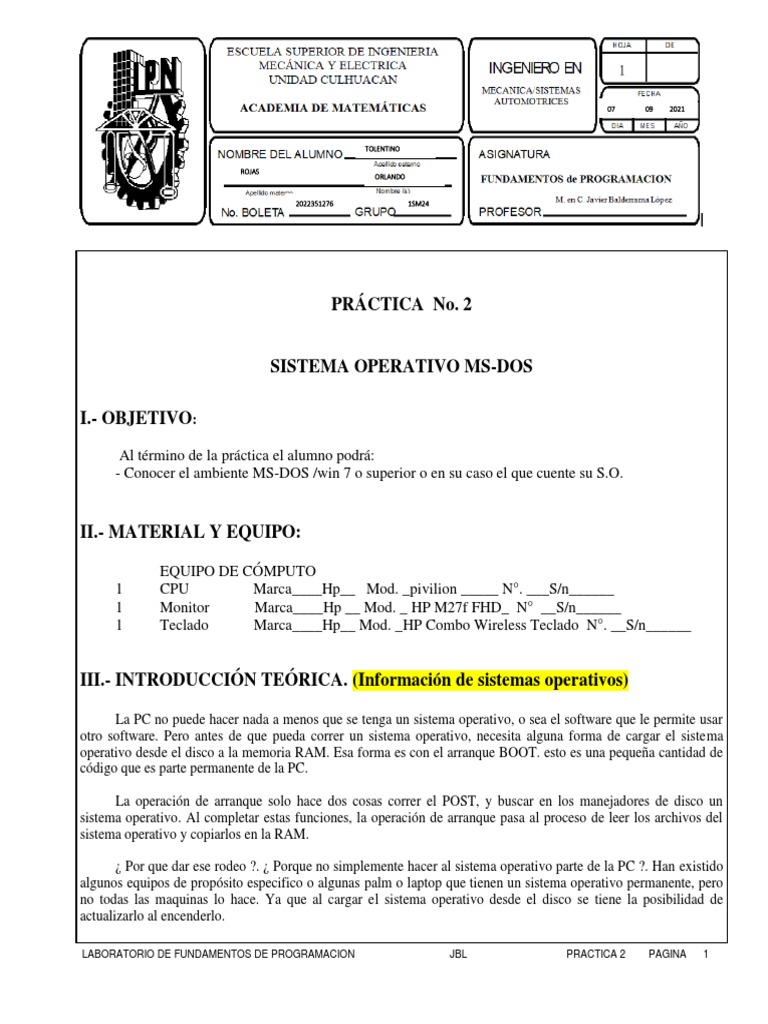 Sistema Operativo MS-DOS: Práctica sobre comandos internos y externos de MS-DOS y formateo de ...