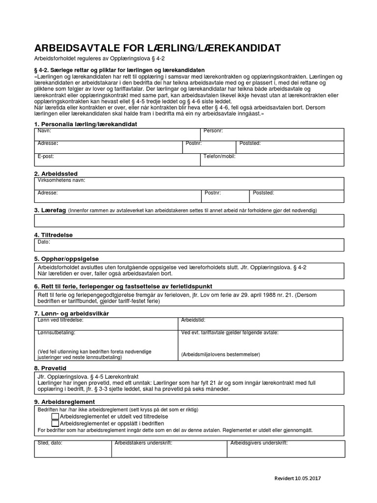 Standard+arbeidsavtale+for+lærlinger+og+lærekandidater | PDF