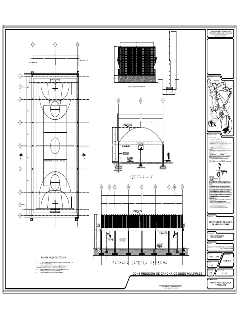 Cancha de Usos Multiples Oxolotan Ok Planta Arquitectonica y Fachadas | PDF