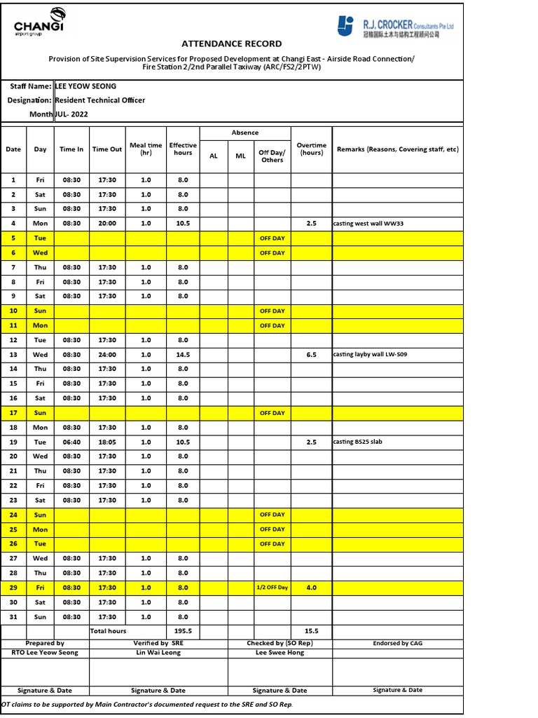 Rto Lee Yeow Seong - Jul-2022-Timesheet | PDF