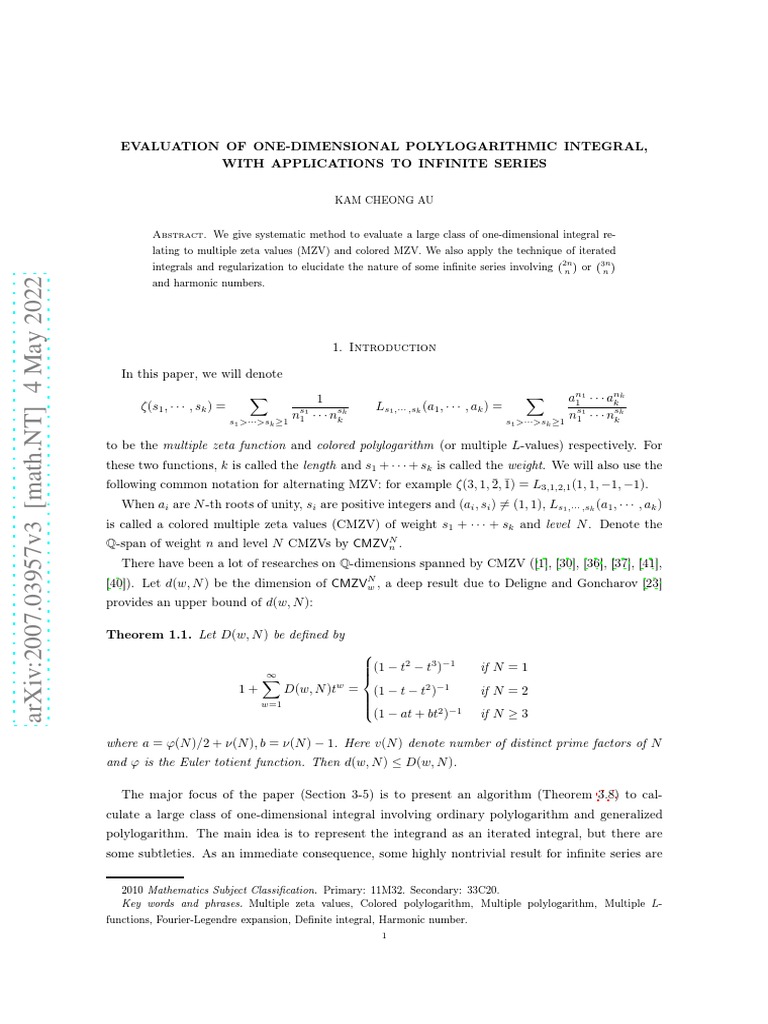Evaluation of one-dimensional polylogarithmic integral | PDF | Integral | Mathematics