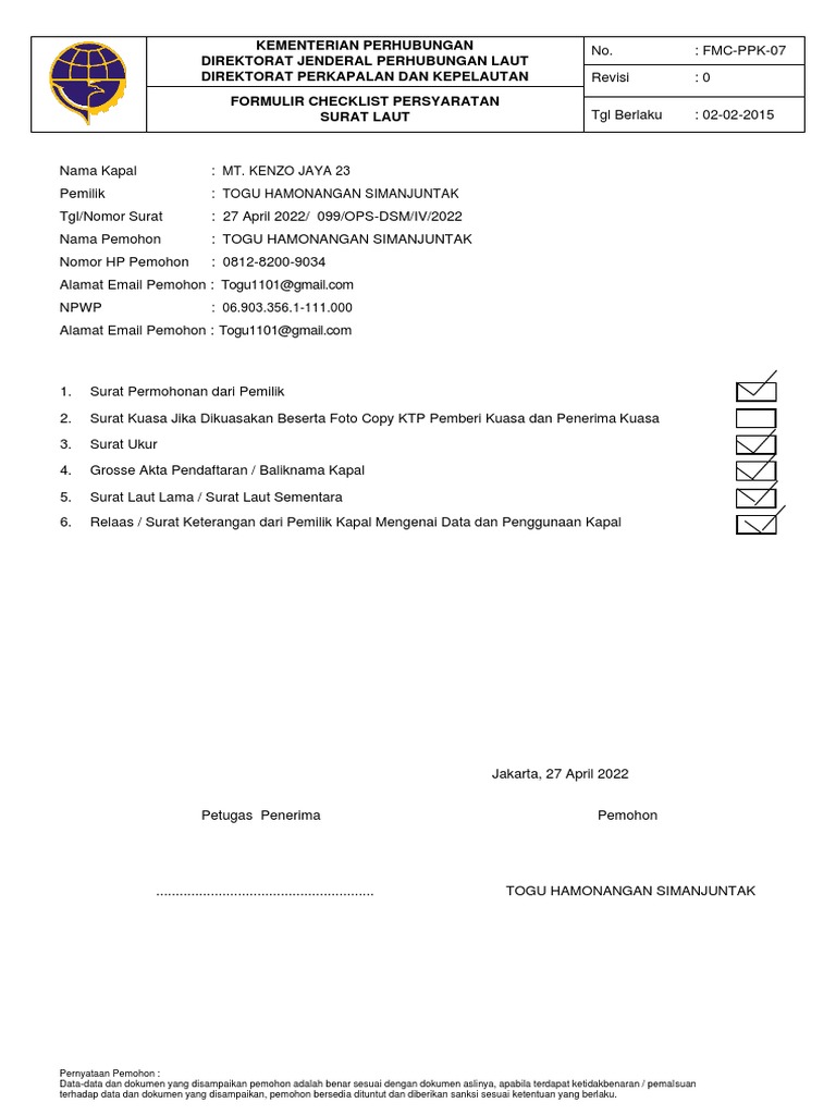 Checklist Persyaratan Surat Laut Kapal | PDF