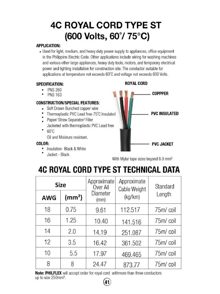 4C Royal Cord Type ST (600 Volts, 60 - 75c) | PDF