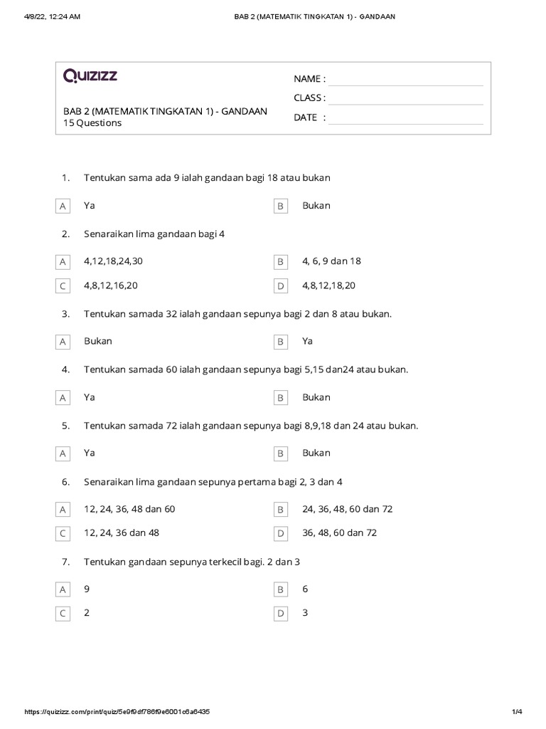 BAB 2 (MATEMATIK TINGKATAN 1) - GANDAAN - Jawapan | PDF