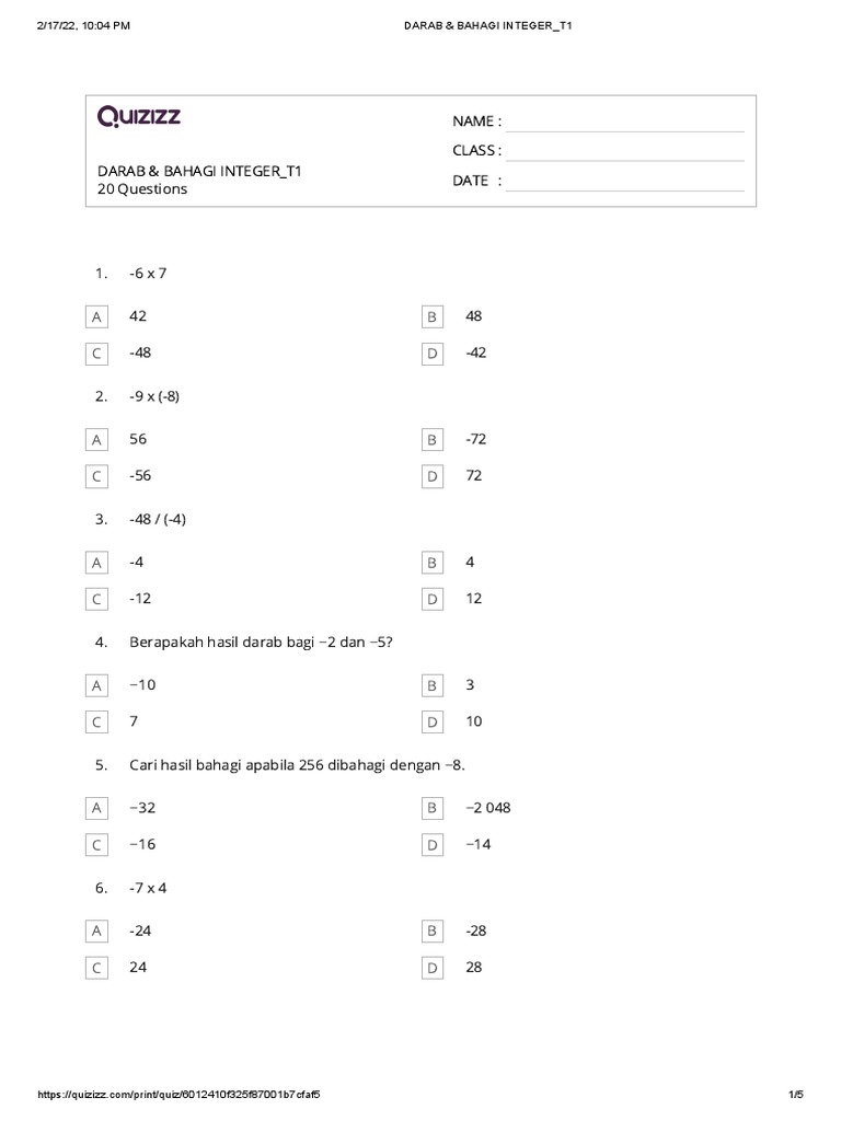 DARAB & BAHAGI INTEGER - T1 - Jawapan | PDF