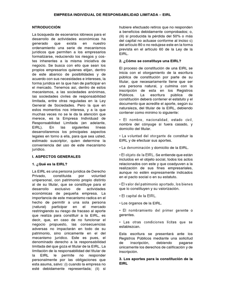 Explicación detallada de la Empresa Individual de Responsabilidad Limitada (EIRL) en el Perú ...