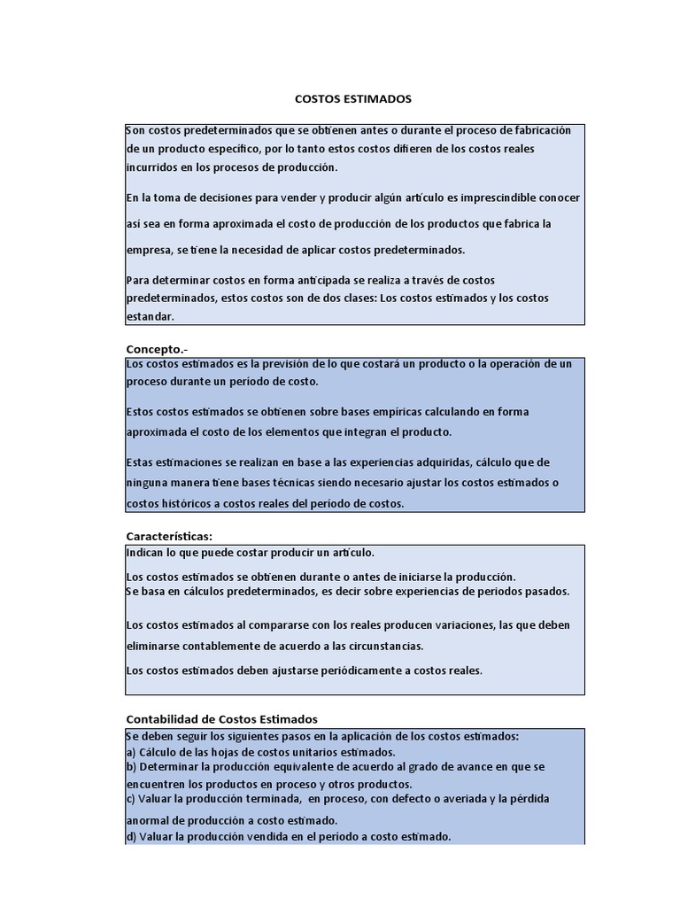 Costos Estimados | Descargar gratis PDF | Costo | Contabilidad de gestión
