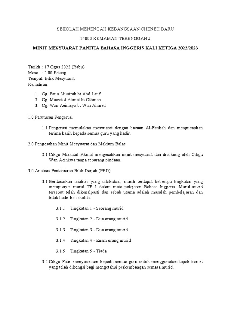 Minit Mesyuarat Panitia 3 - 2022 | PDF