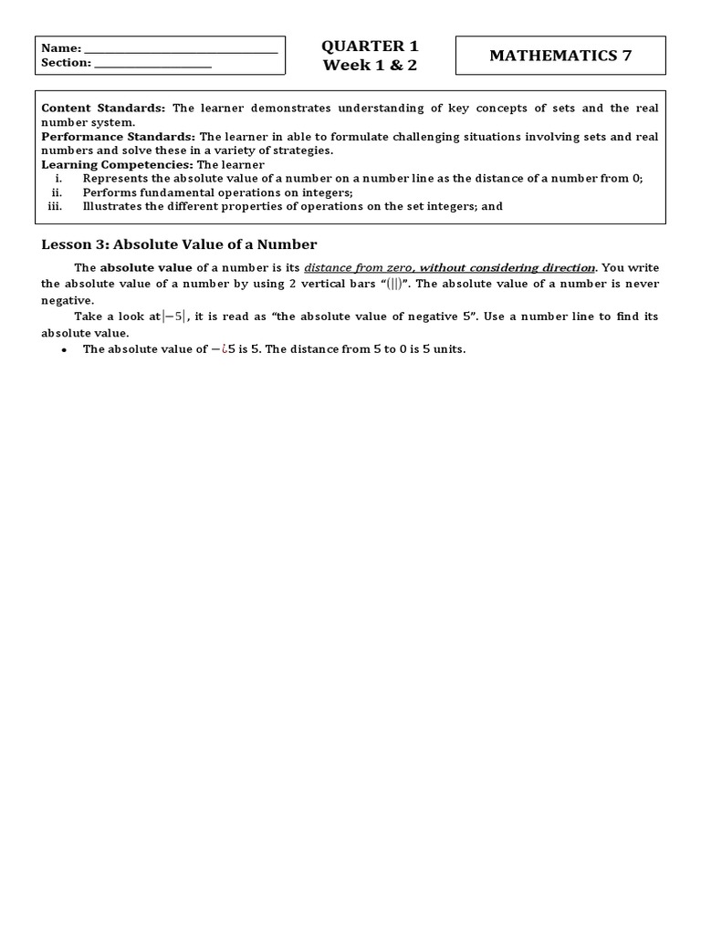 Quarter 1 Week 1 & 2 Mathematics 7: Lesson 3: Absolute Value of A ...