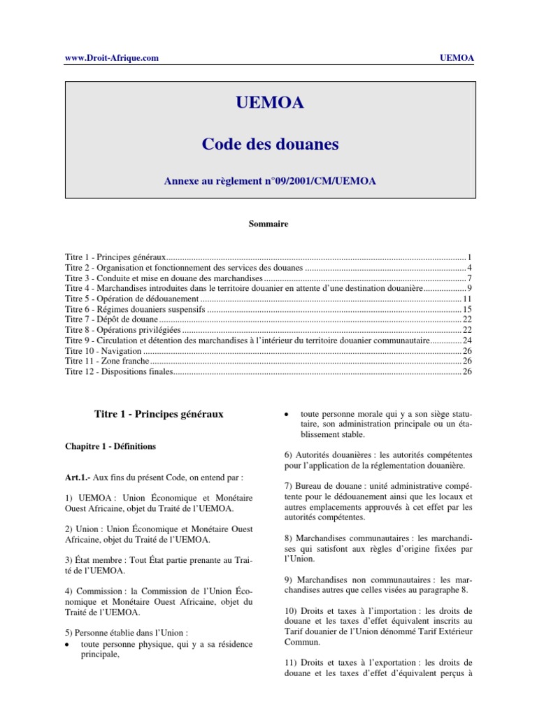 UEMOA - Code Des Douanes | PDF | Droit statutaire | Transport