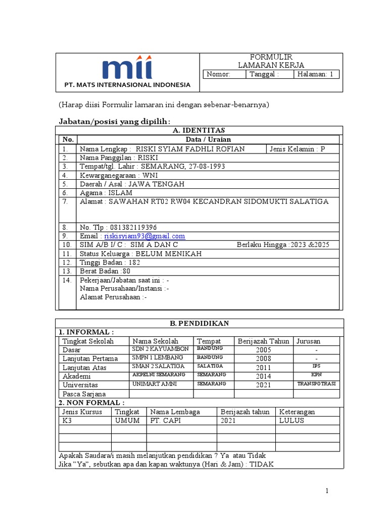 Form Lamaran Kerja Pt. Mii | PDF