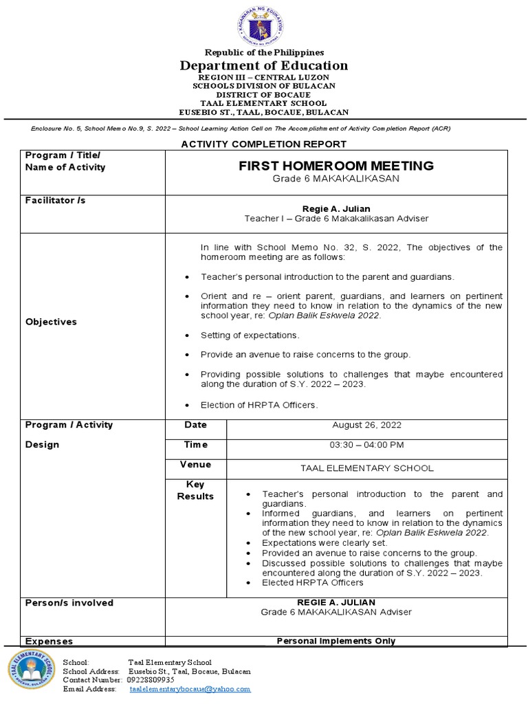 ACR-HOMEROOM-PTA-MEETING_SY2022-2023_G6Makakalikasan | PDF | Learning ...