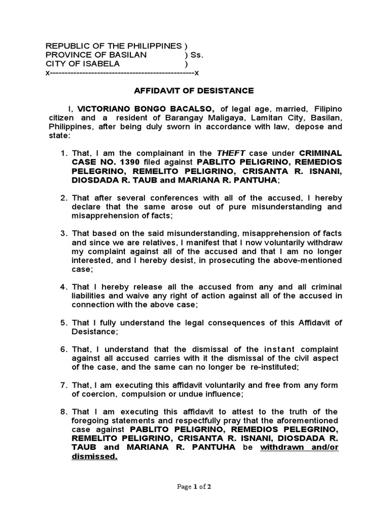 Affidavit of Desistance - Pelegrino | PDF | Affidavit | Common Law