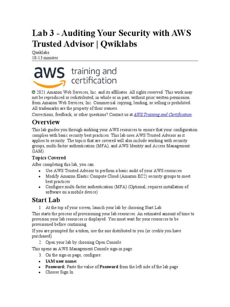 Lab 3 - Auditing Your Security With AWS Trusted Advisor | PDF | Amazon Web Services | Port ...