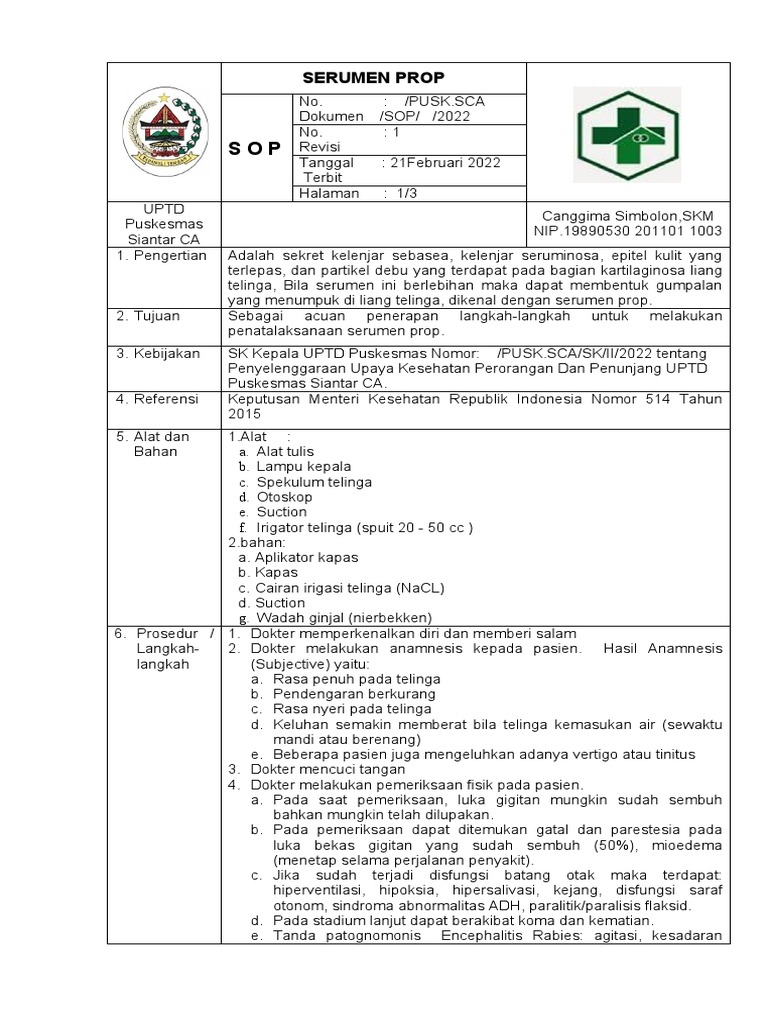 Prosedur Penatalaksanaan Serumen Prop | PDF