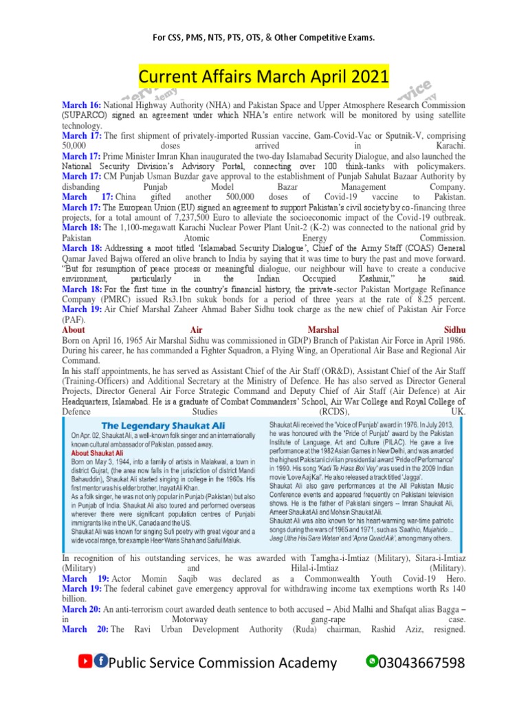 Current Affairs March-April 2021 Notes | PDF | Pakistan