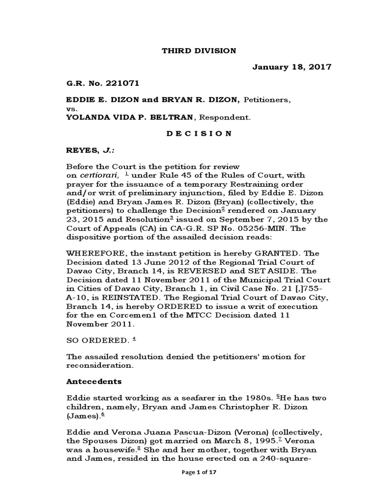 Dizon Vs Beltran Ejectment | PDF | Lawsuit | Judgment (Law)