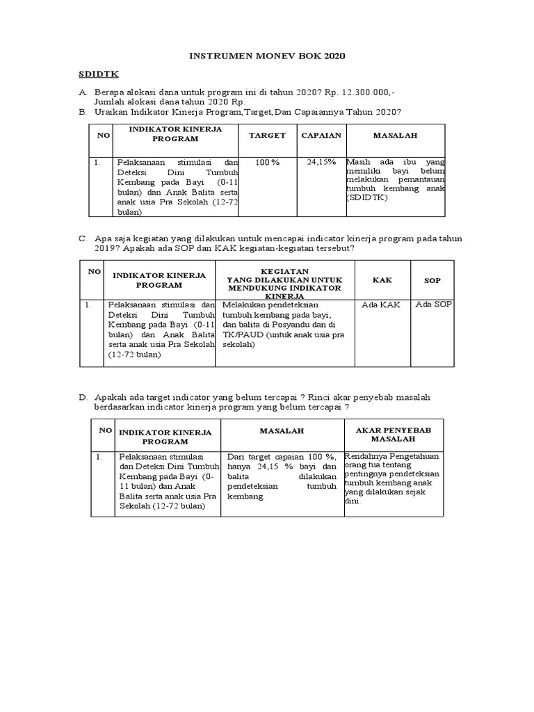 Instrumen Monev Bok Sdidtk - 2020 | PDF | Karier & Perkembangan | Pengembangan Diri