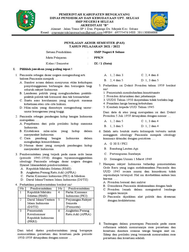 Soal PAS PKN Kelas 9 K13 | PDF