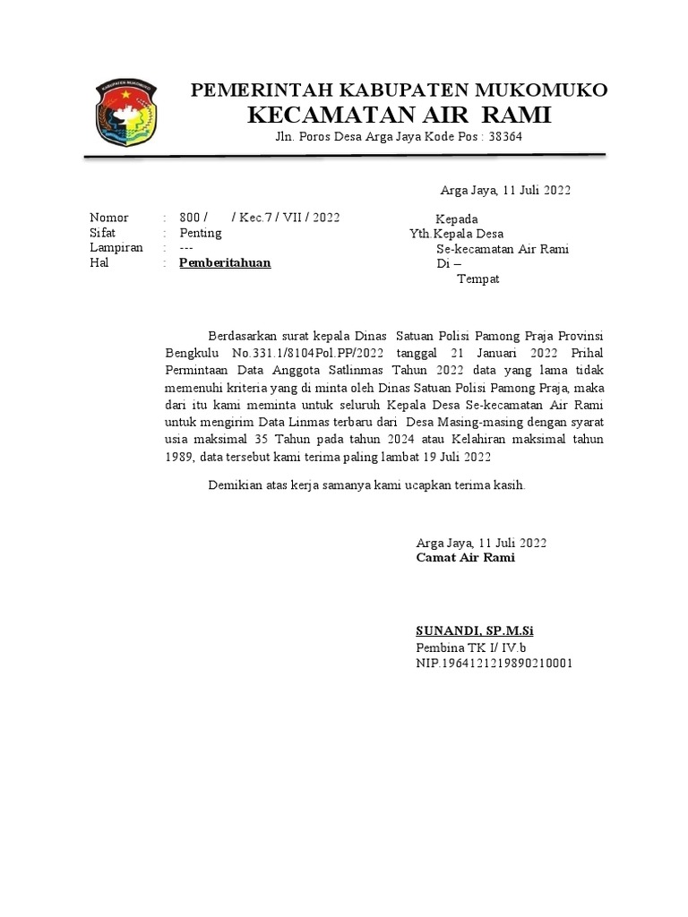 Bimtek Linmas Kecamatan Air Rami | PDF