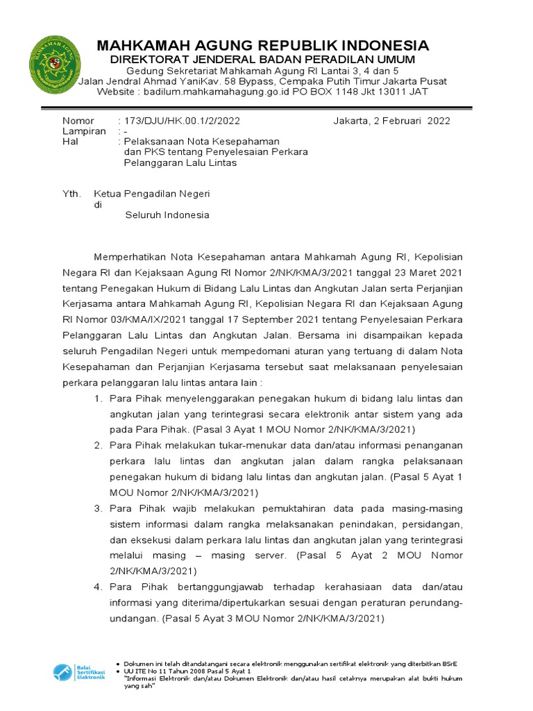Surat Dirjen Badilum-PKS Tilang | PDF