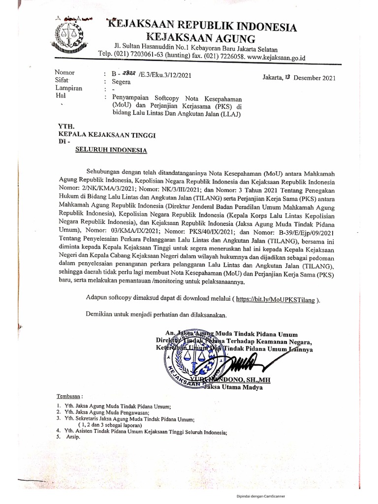 Surat Ke Kejati Seluruh Indonesia Mengenai PKS Dan MOU Tilang | PDF