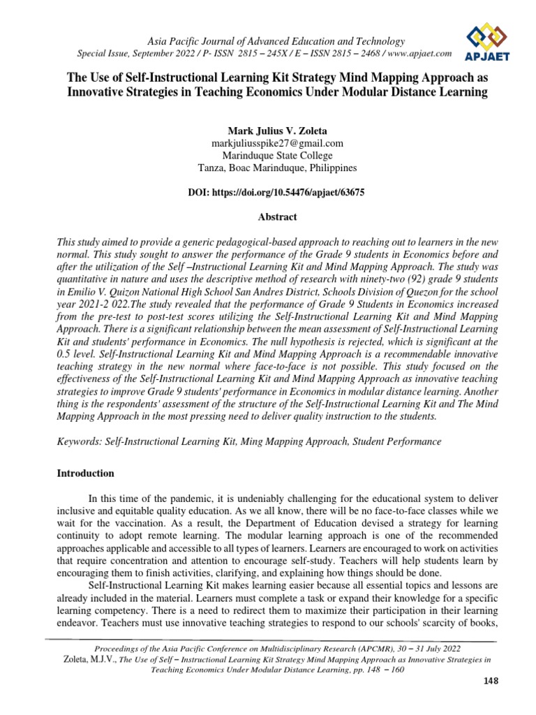 The Use of Self-Instructional Learning Kit Strategy Mind Mapping Approach As Innovative ...