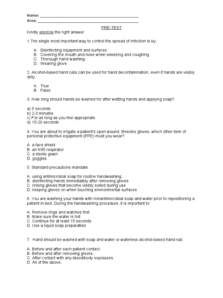 Pre-Test on Infection Control and Standard Precautions | PDF | Hand ...