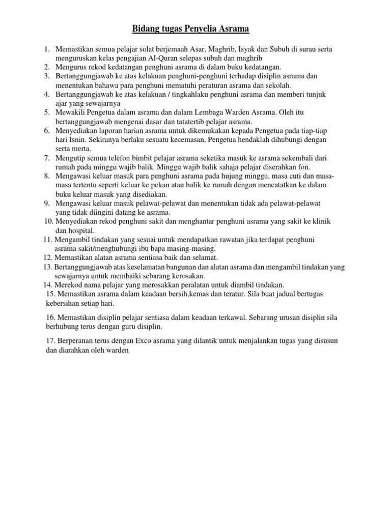Bidang Tugas Penyelia Asrama | PDF