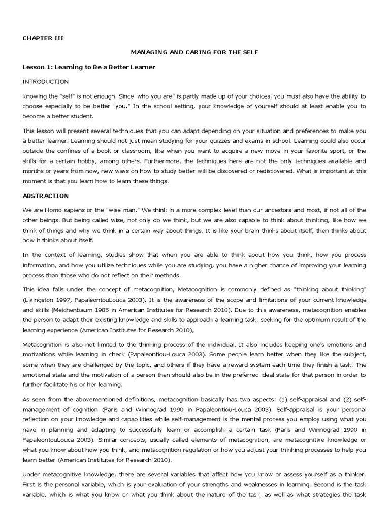 Managing and Caring For The Self | PDF | Self Efficacy | Metacognition