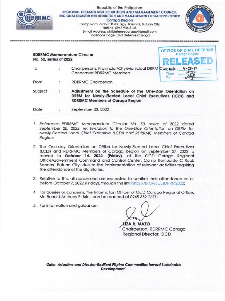 RDRRMC Memo No. 52, S. 2022 | PDF