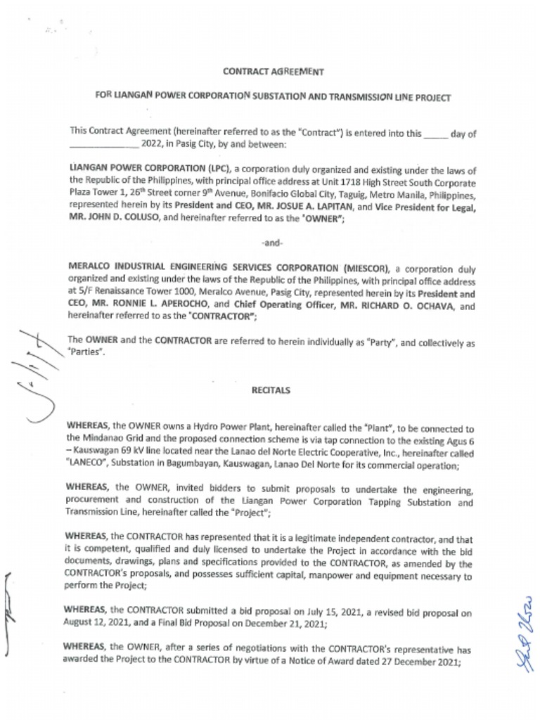 Contract Agreement For LPC Substation & TL Project | PDF