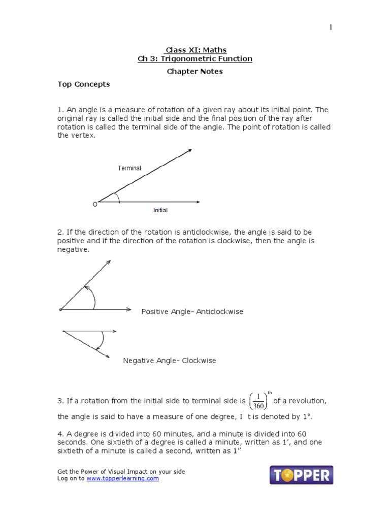 Xi Math Ch3 Trigonometry Chapter Notes Aug Pdf Trigonometric