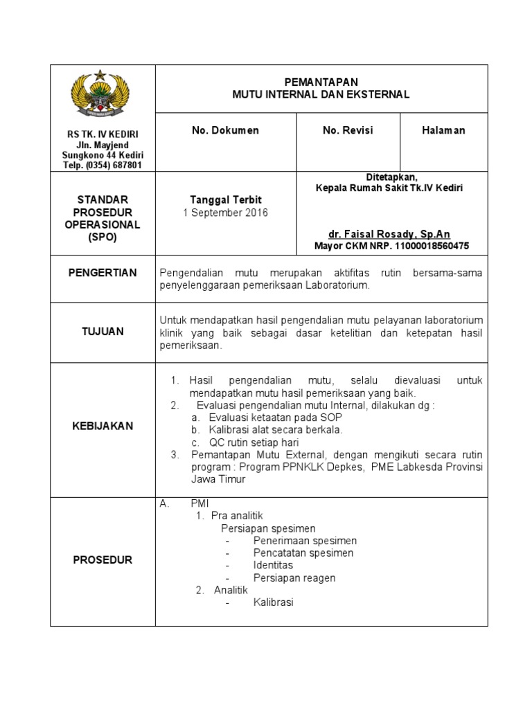 SOP Dan Program, Evaluasi PMI-PME (Rumkit TK. IV Kediri) | PDF