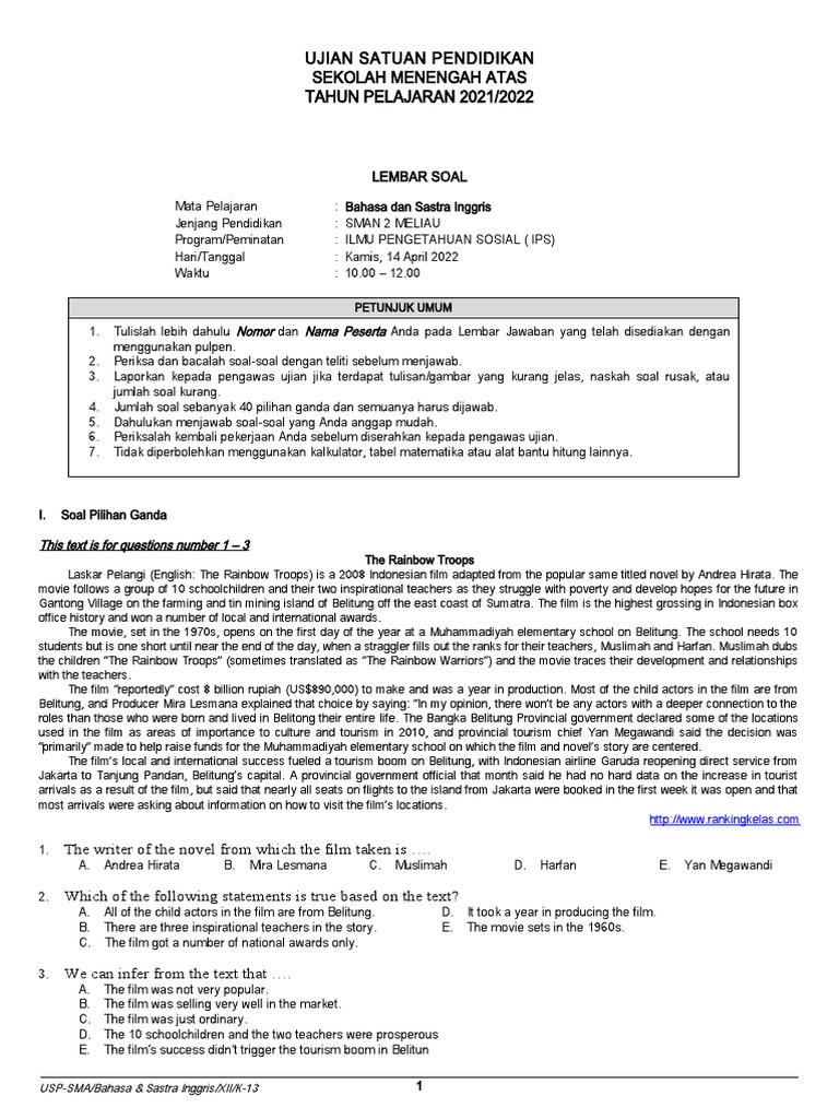 Soal USP Bhs - Sast - Inggris Utama SMA | PDF | James Watt | Social Networking Service
