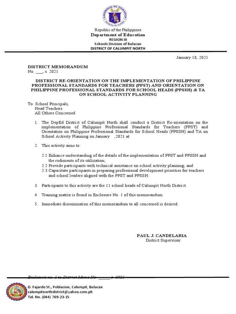 District Memo 2021 PPST PPSSH | PDF