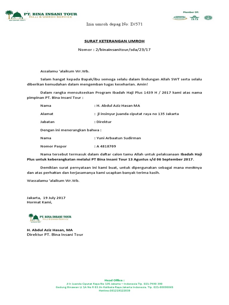 Contoh Izin Cuti Umrah | PDF