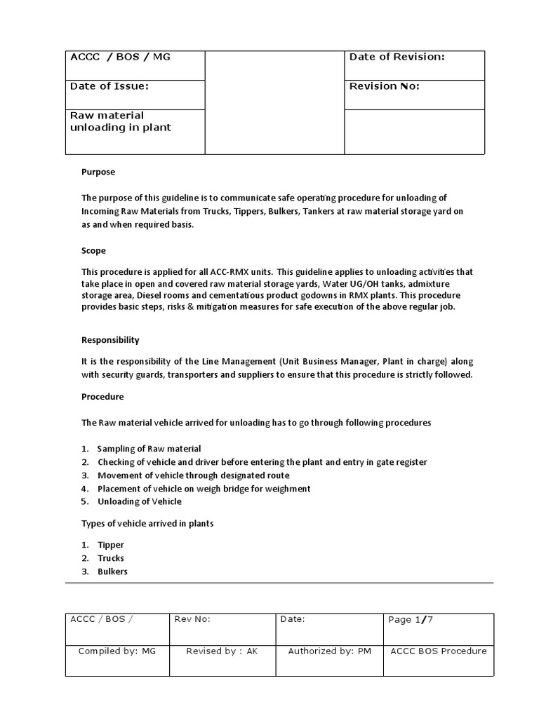 SOP - Incoming Raw Material Unloading in Plant - 2020 | PDF | Truck ...
