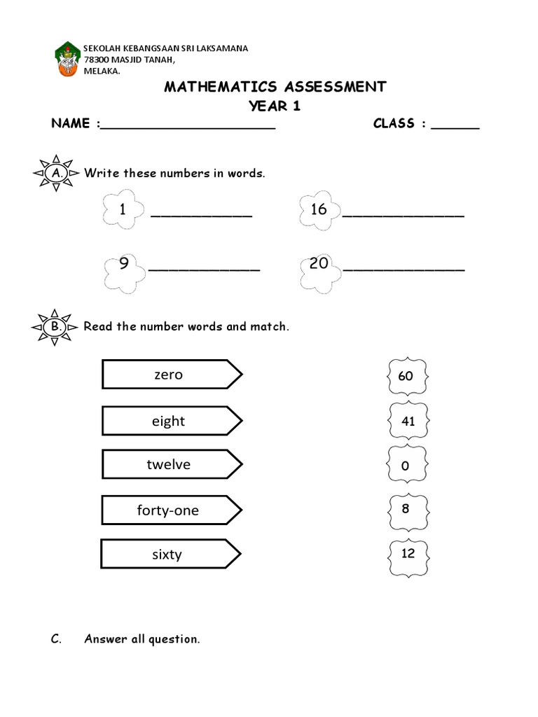 DLP Math Assessment Year 1 | PDF