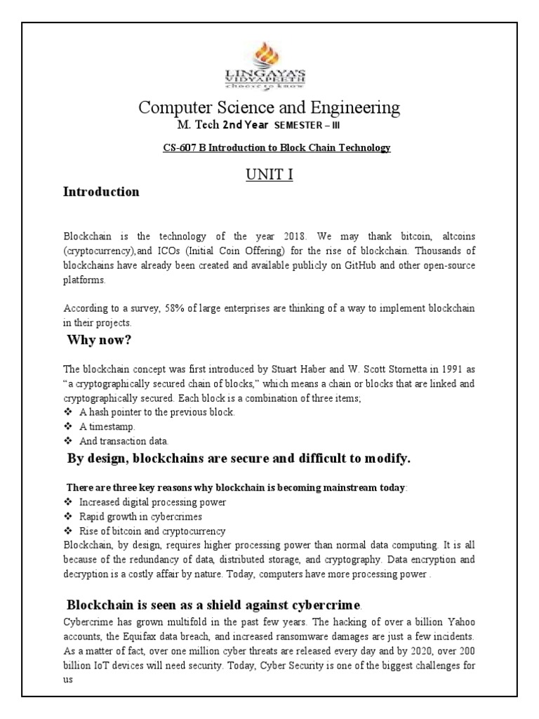 M.Tech CSE 3rd Sem Introduction To Block Chain Unit 1 Lecture Notes ...