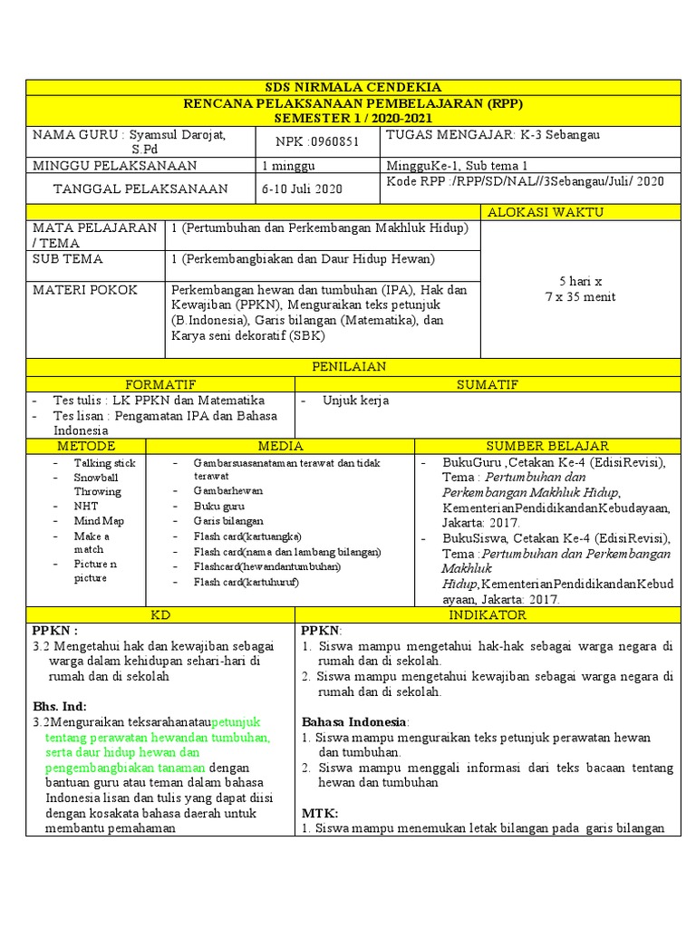 RPP Kelas 3 Tema 1, Sub 1 | PDF