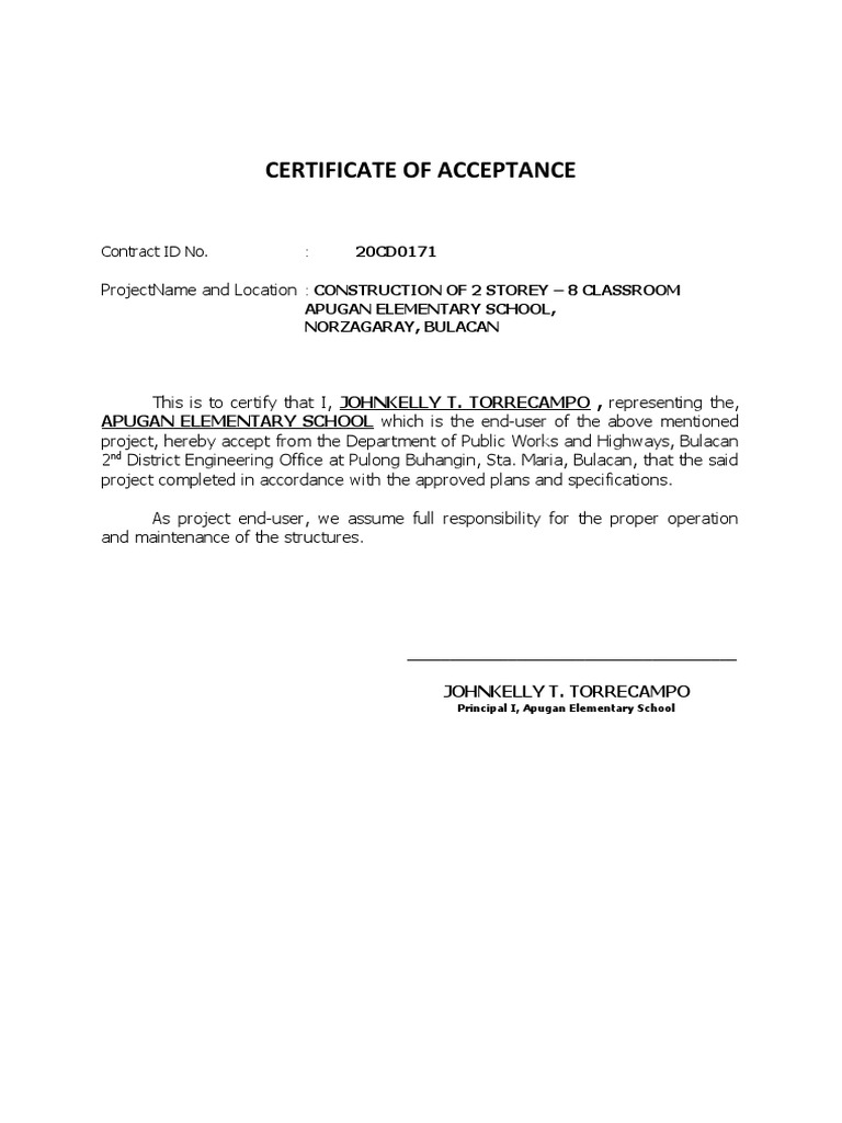 CERTIFICATE OF ACCEPTANCE - Apugan | PDF | Technology & Engineering