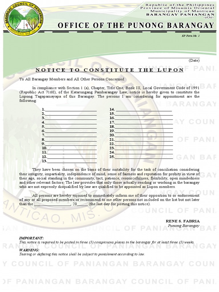 Notice to Constitute Lupong Tagapamayapa | PDF | Public Law | Justice