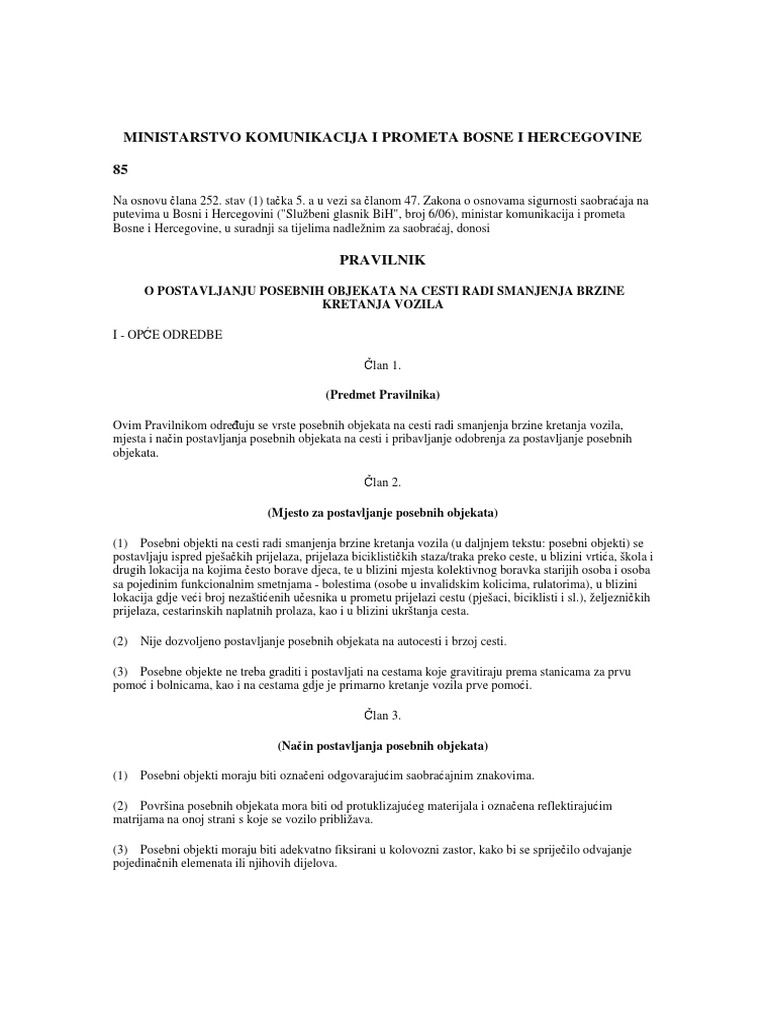 Pravilnik o Postavljanju Posebnih Objekata Za Smanjenje Brzine Kretanja | PDF