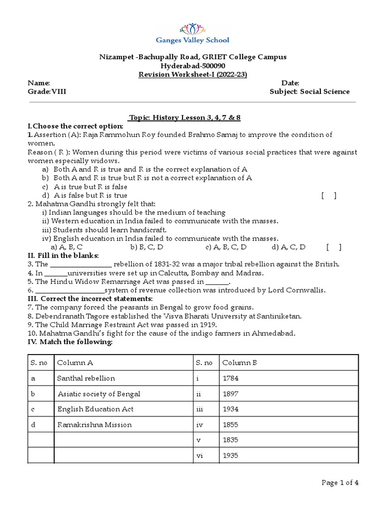 History Revision Worksheet | PDF | British Raj | South Asia