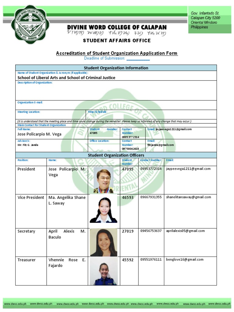 Accreditation of Student Organization Application Form | PDF